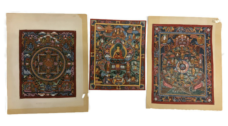 Three Buddhist Thangka Paintings - Hand Painted on Paper | American ...